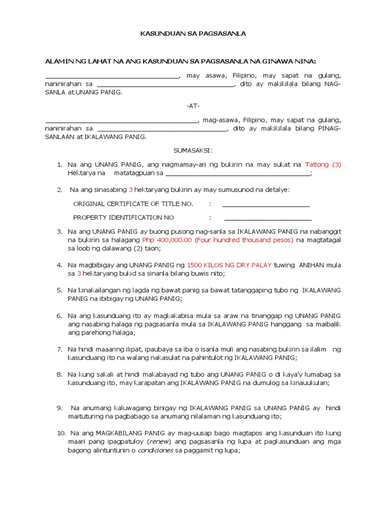 Kasunduan Sa Pagsasanla 2022 | PDF