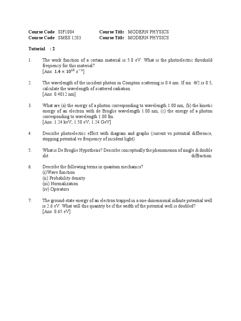 Tutorial 2 Quantum Physics | PDF