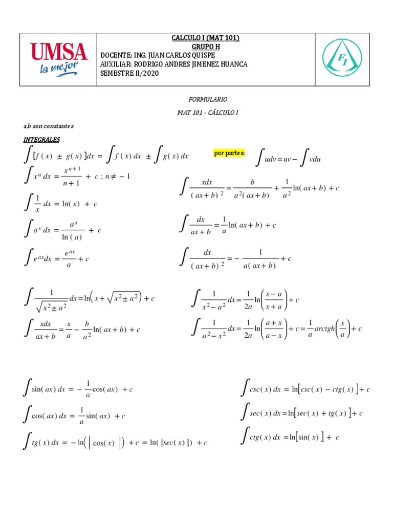 Formulario Integrales | PDF