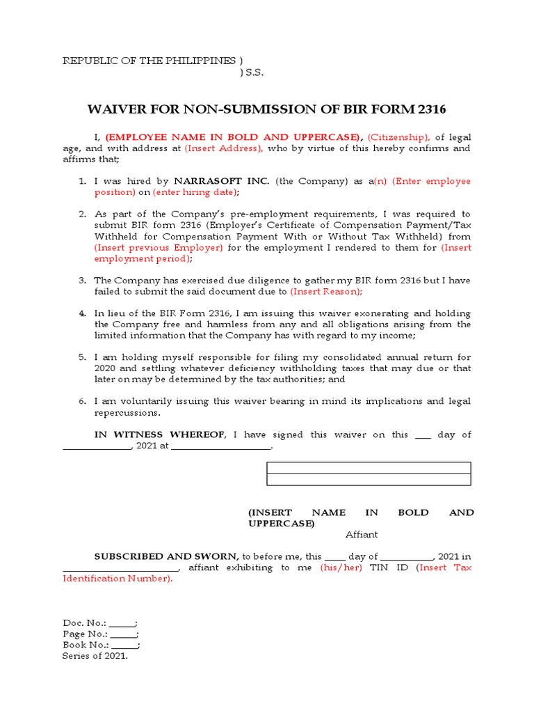 Waiver For Non Submission of BIR For 2316 | PDF | Finance & Money ...