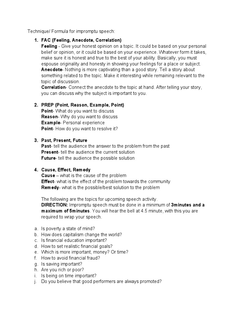 Abm Impromptu Speech Topic | PDF | Experience | Psychology