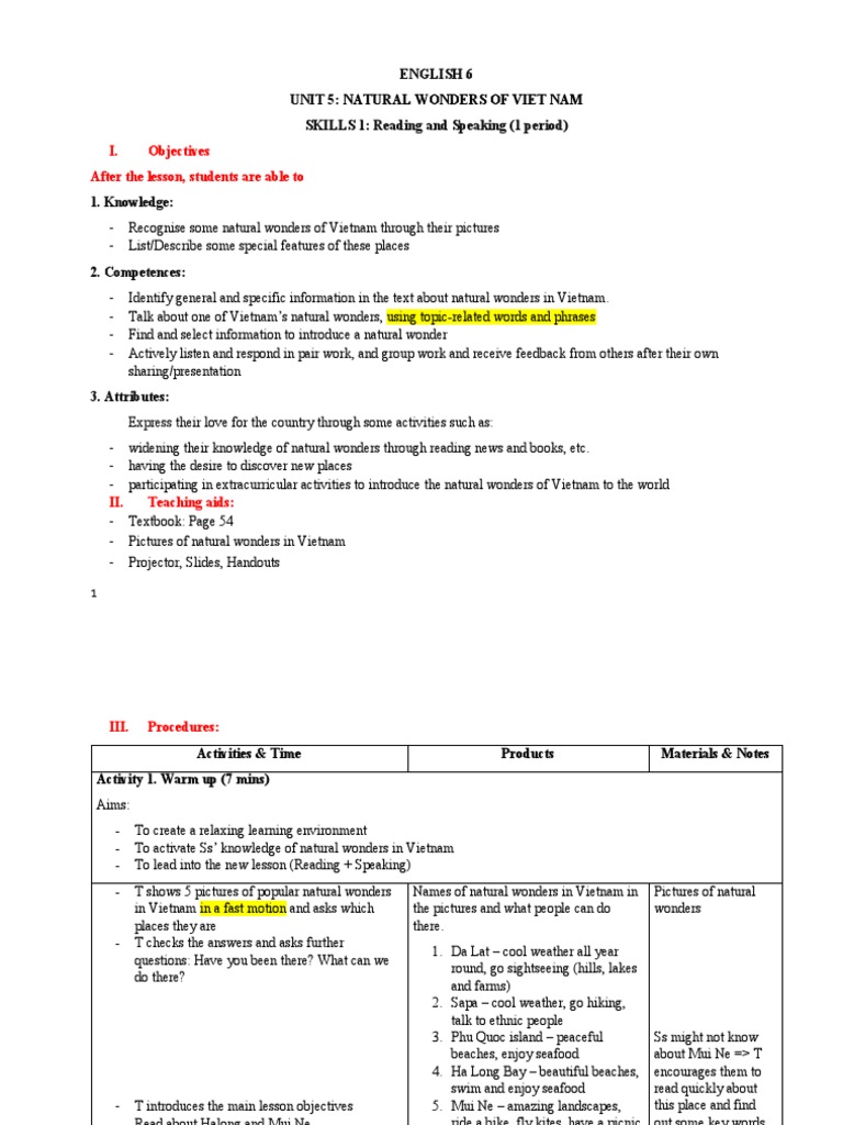 Giáo án - TA6 - Bài 5 - Phiên bản tiếng Anh dạng cột | PDF | Learning | Cognition