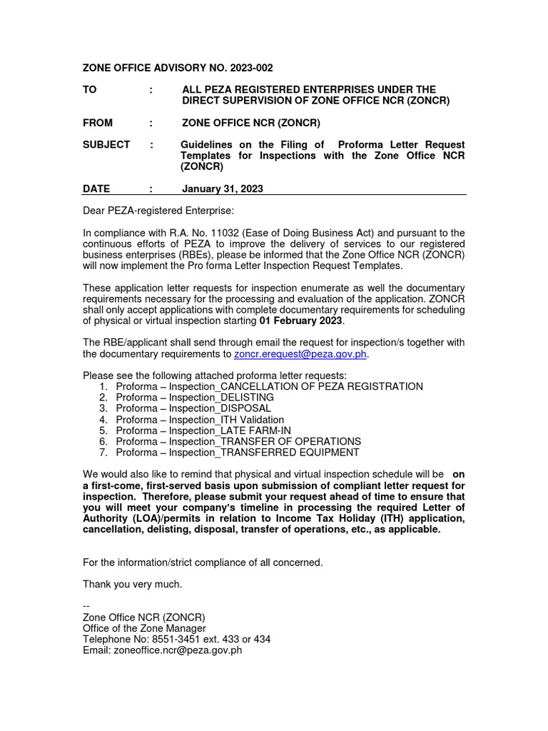 ZONCR ADVISORY NO. 2023-002 - Guidelines On The Filing of Applications For Inspection With The ...
