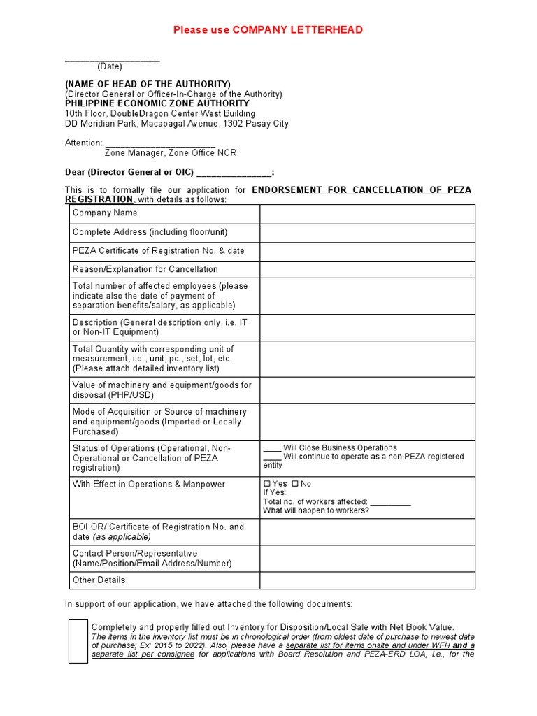 Proforma - Inspection - Cancellation of Peza Registration | PDF ...