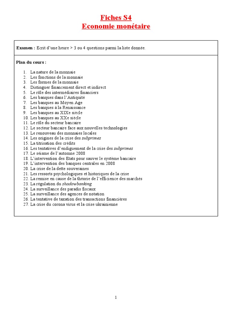 Fiches S4 - Economie Monétaire | PDF | Banques | Crise des subprimes