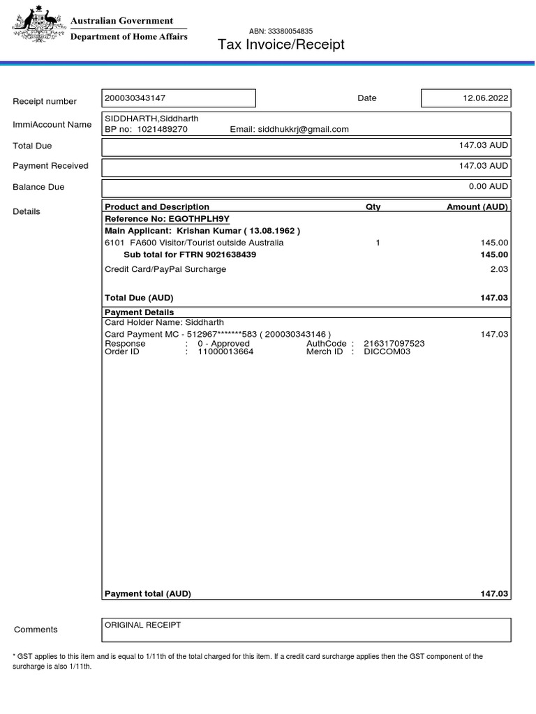 Australia Visa Payment Receipt 147.03 AUD | PDF | Receipt | Market ...