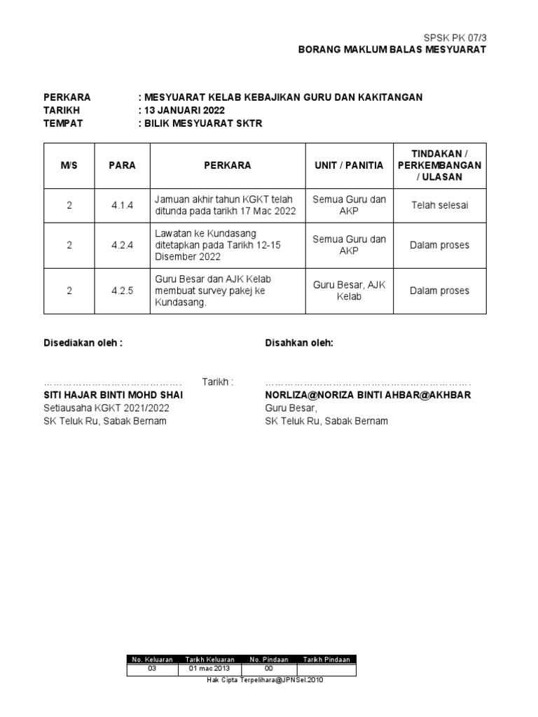 Borang Maklum Balas Mesyuarat | PDF