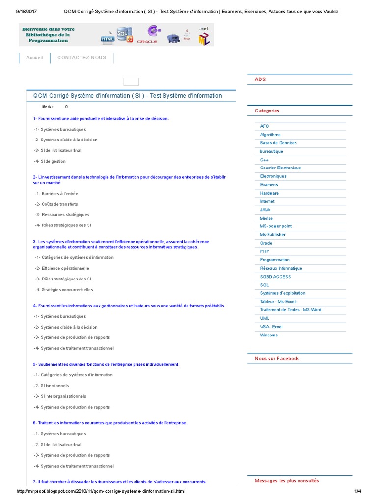 QCM Corrige Systeme Dinformation SI Test | PDF