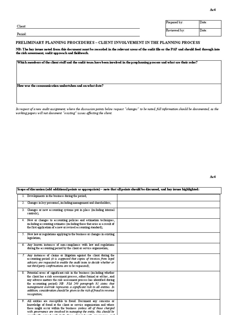 Ac4 Preliminary Planning Procedures - Client Involvement | PDF | Risk ...