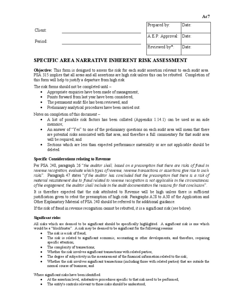 Ac7 Narrative Inherent Risk Assessment | PDF | Financial Statement | Audit