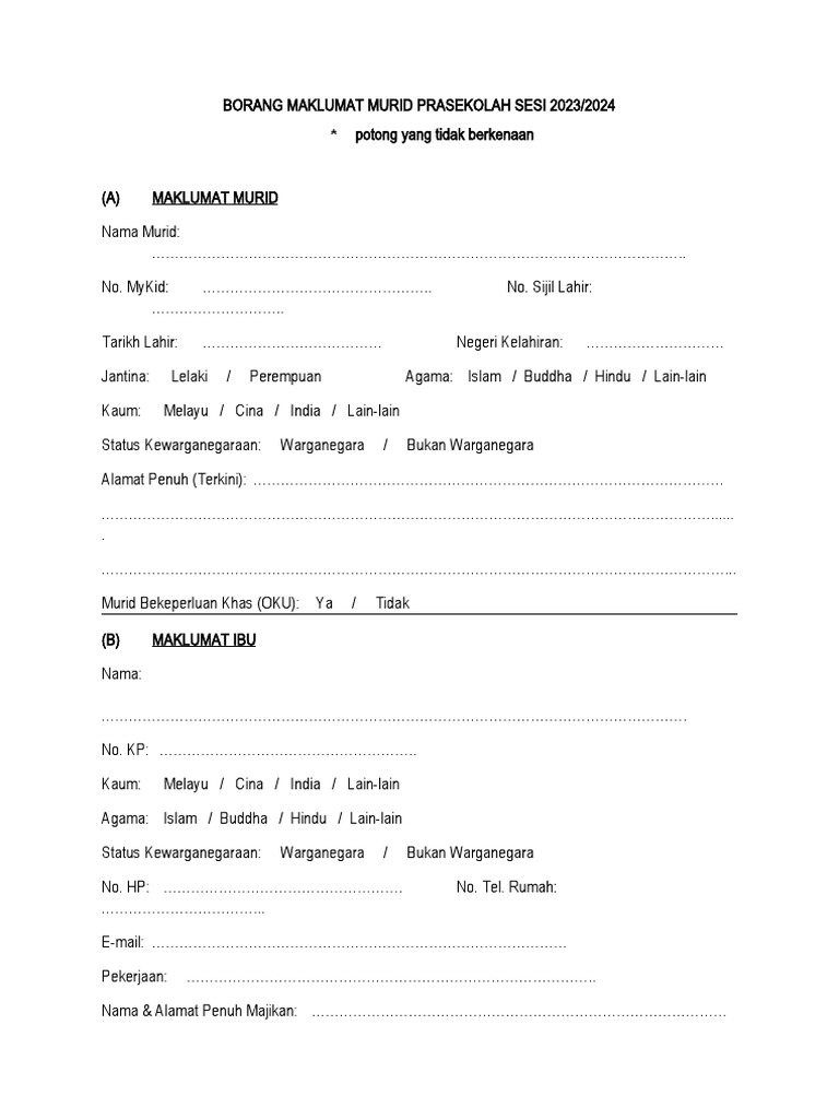 2023-Borang Maklumat Murid Prasekolah Sesi 2023 | PDF