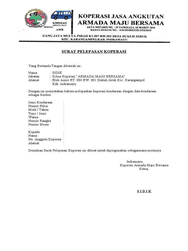 Surat Pelepasan Kendaraan Koperasi | PDF