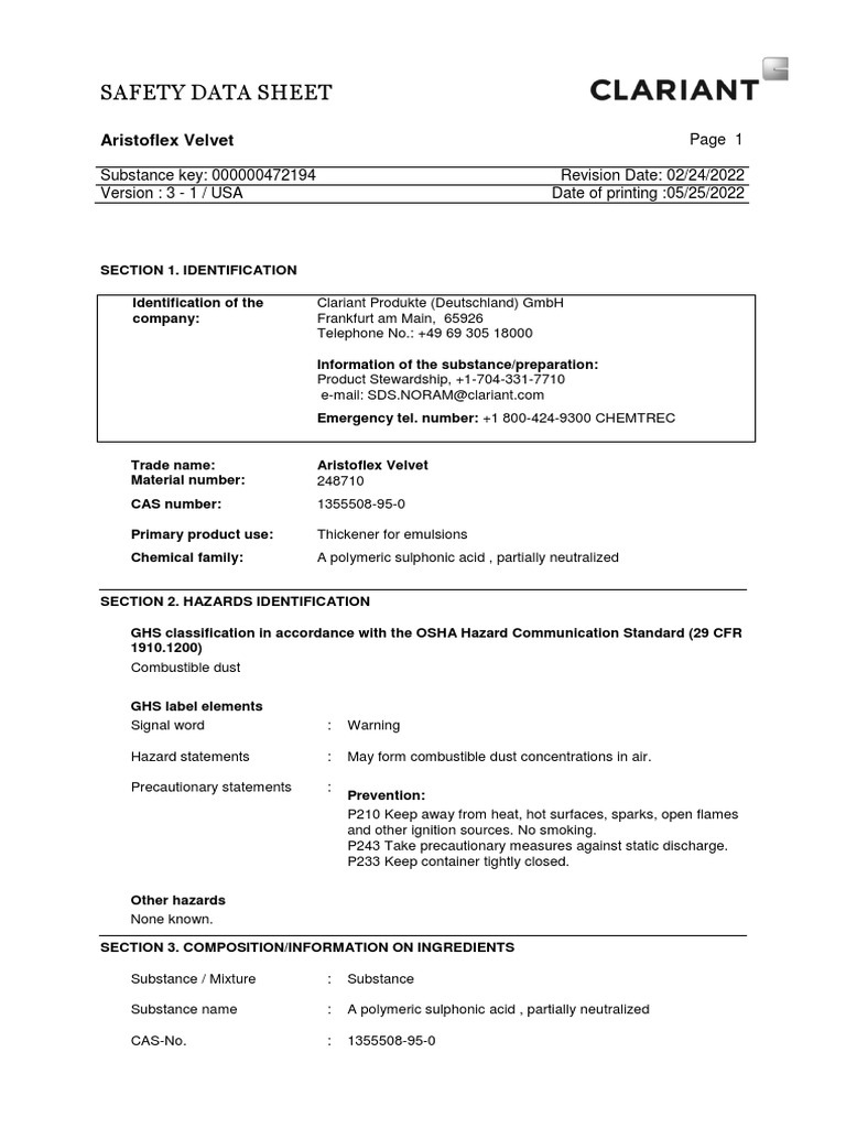 Aristoflex Velvet Sds Pdf Toxicity Dangerous Goods