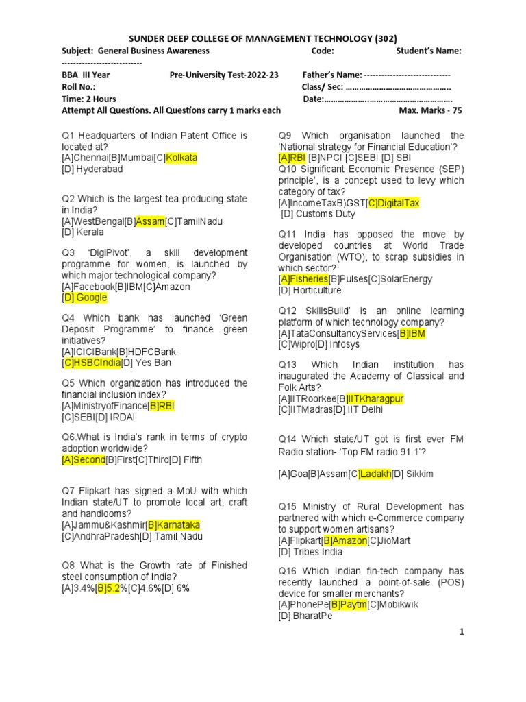 GK MCQ Paper Format - PUT | PDF | Reserve Bank Of India