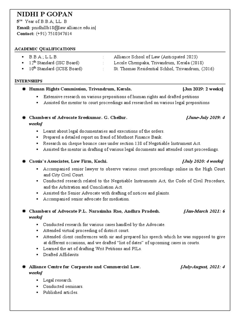 Resume Nidhi P Gopan | PDF | Advocate | Judiciaries