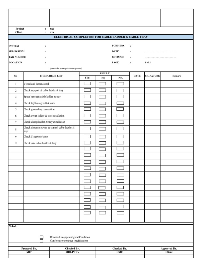 Electrical Completion Check List-Rev D | PDF | Manufactured Goods
