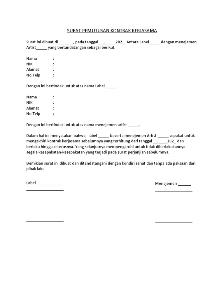 Surat Pemutusan Kontrak Kerjasama | PDF