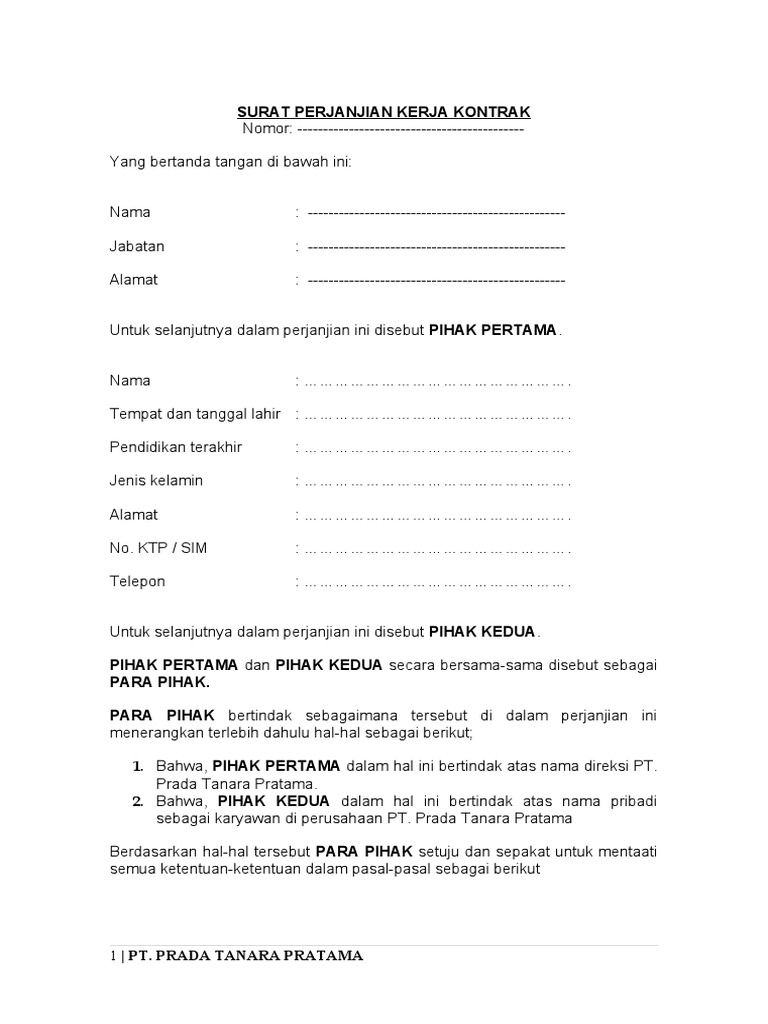 Draft Surat Perjanjian Kontrak Kerja | PDF