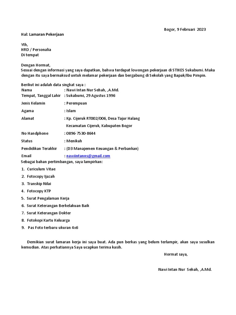 Surat Lamaran Kerja Staff Admin | PDF