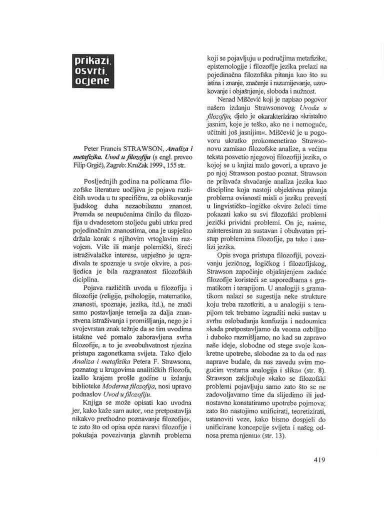 Peter Strawson-Analiza I Metafizika - Novak, Martina | PDF