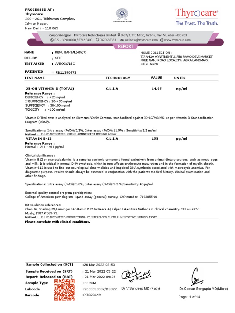 Thyrocare Lab Test Results for Renu Bansal | PDF | C Reactive Protein ...