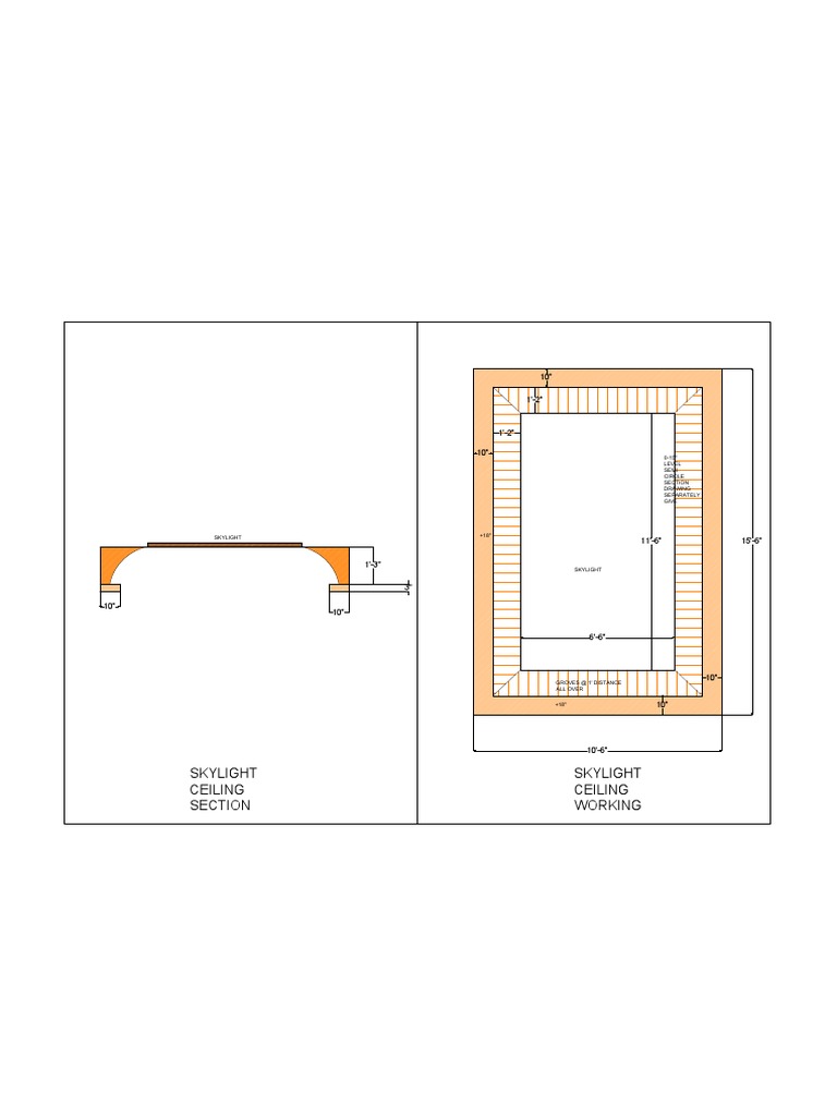 Section drawing of a skylight installation with dimensions and notes | PDF