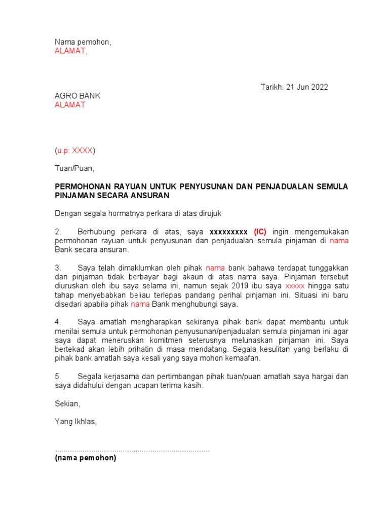 CTH Surat Rasmi Mohon Penjadual Semula Pinjaman | PDF