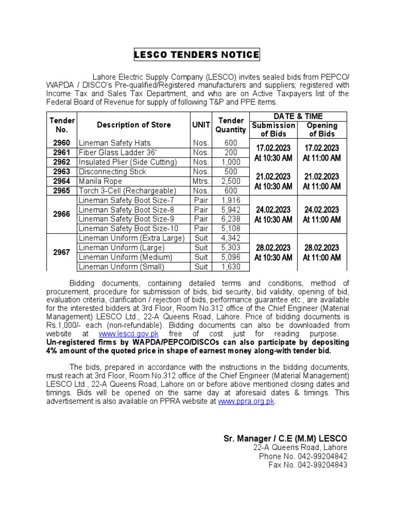 LESCO Announces Tenders for Supply of Lineman Safety Equipment and Uniforms | PDF | Business | Taxes