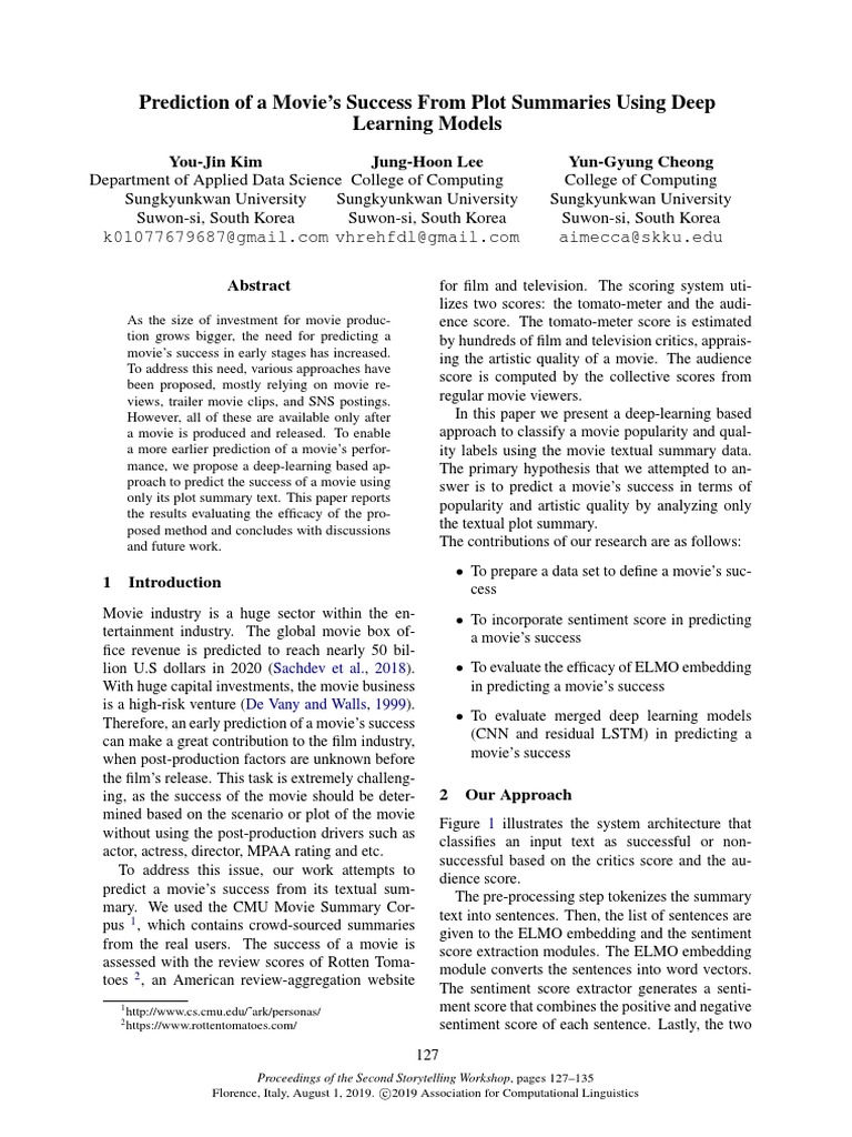 Prediction of A Movie's Success From Plot Summaries Using Deep Learning Models | PDF | Deep ...