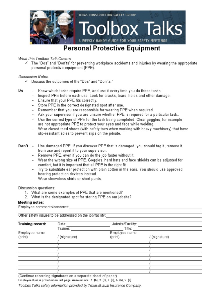 Personal Protective Toolbox Talks | PDF | Personal Protective Equipment | Occupational Safety ...