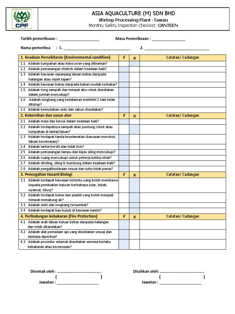 3.monthly Safety Checklist - CANTEEN | PDF