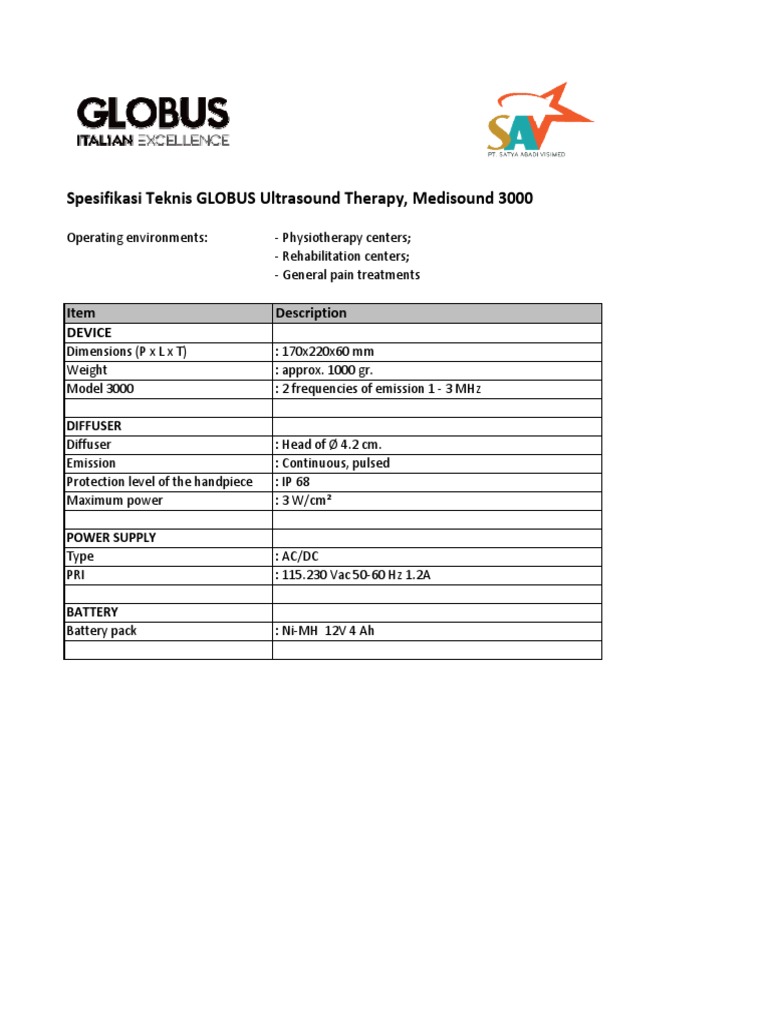 Spesifikasi Teknis GLOBUS Ultrasound Therapy Medisound 3000 | PDF