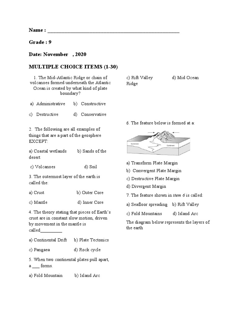9th Grade Earth Science Quiz | PDF | Plate Tectonics | Rock (Geology)