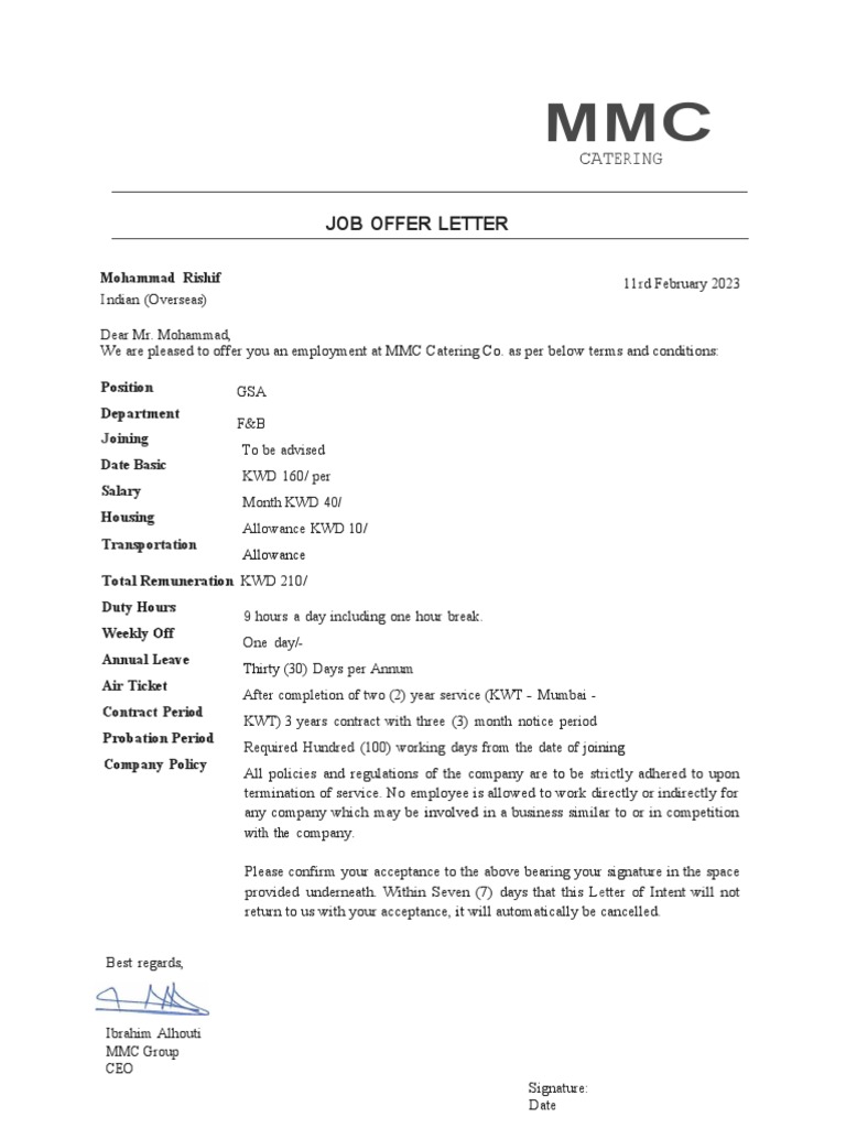 MMC Catering Job Offer Letter | PDF