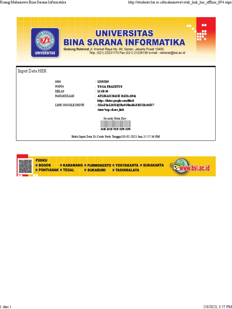 NIM Nama Kelas Matakuliah Link Google Drive: Security Print Key | PDF