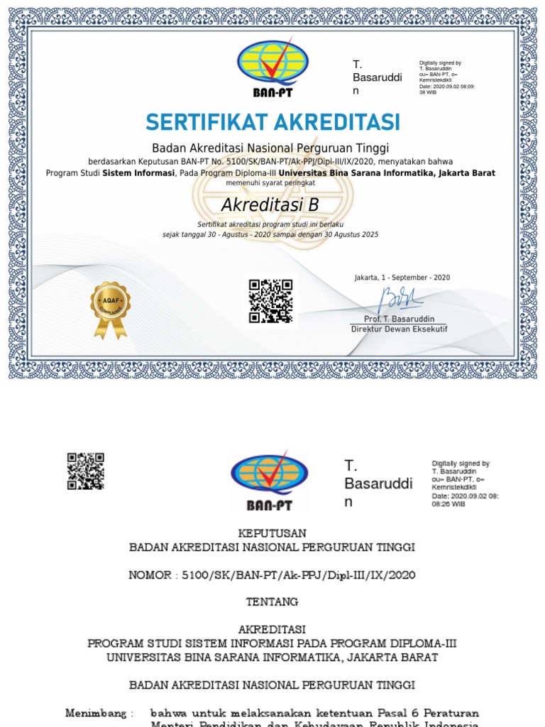 SK Akreditasi BAN-PT UBSI PS D3 Sistem Informasi (B) (30 Agustus 2020-30 Agustus 2025) | PDF