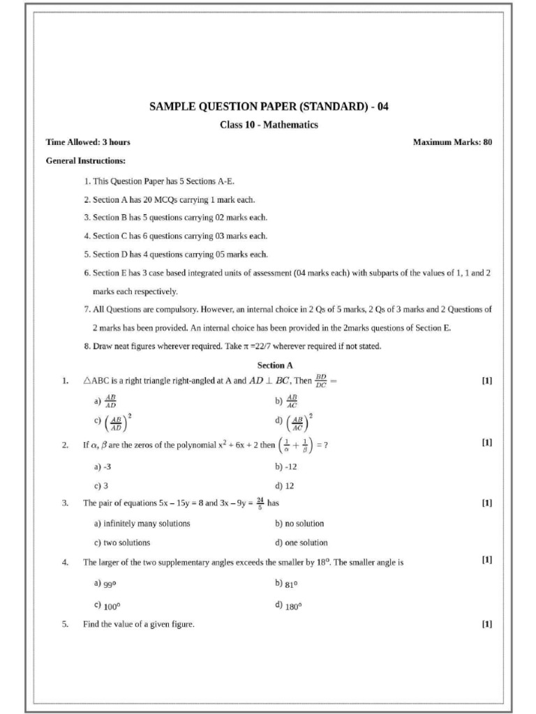 Self Study Sample Paper (Strandard) Set - 4 | PDF