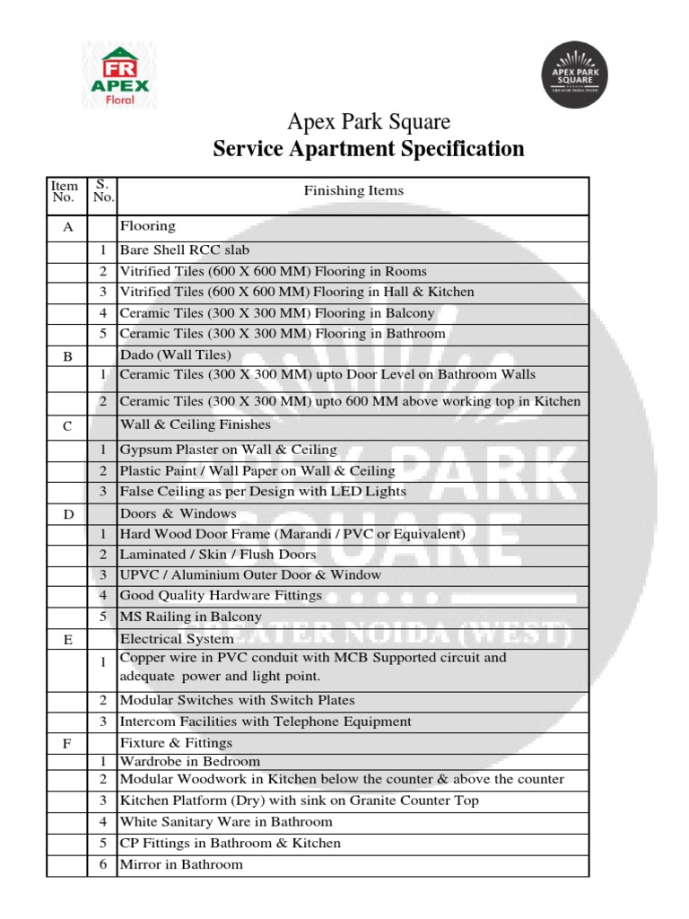 Apex Park Square - Specifications-1 | PDF | Bathroom | Bed