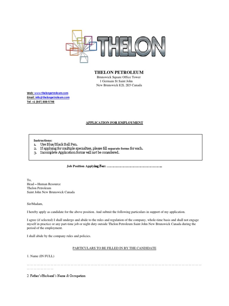 Thelon Petroleum Job Application Form | PDF | Law