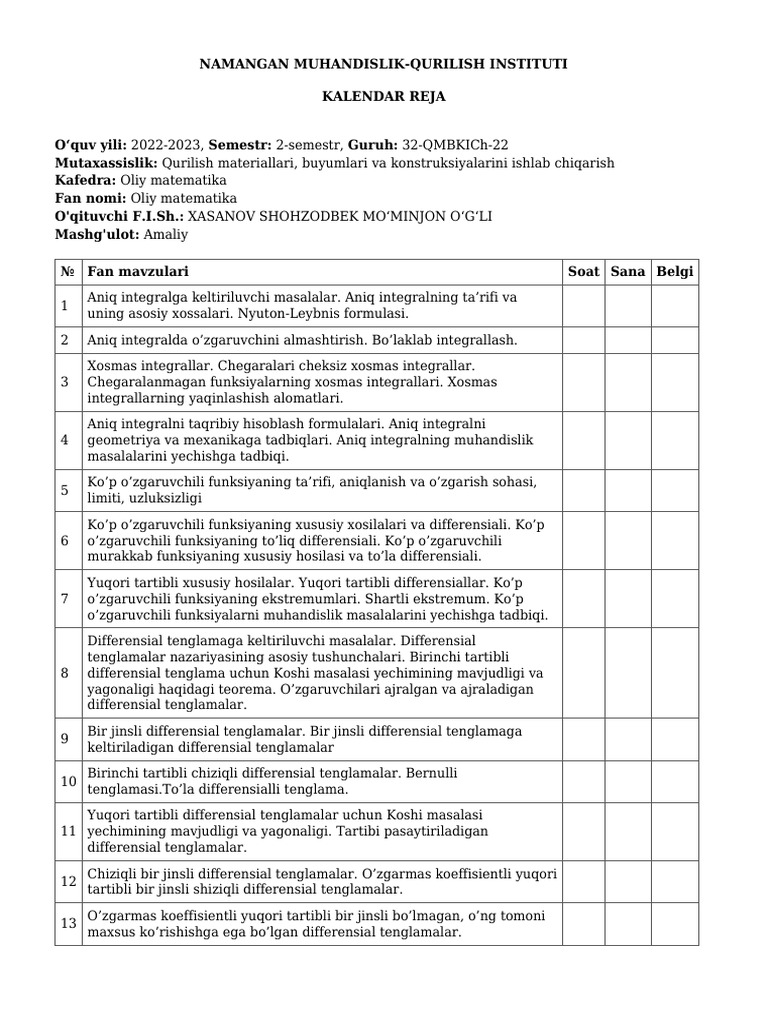 Calendar - Plan-Oliy Matematika | PDF
