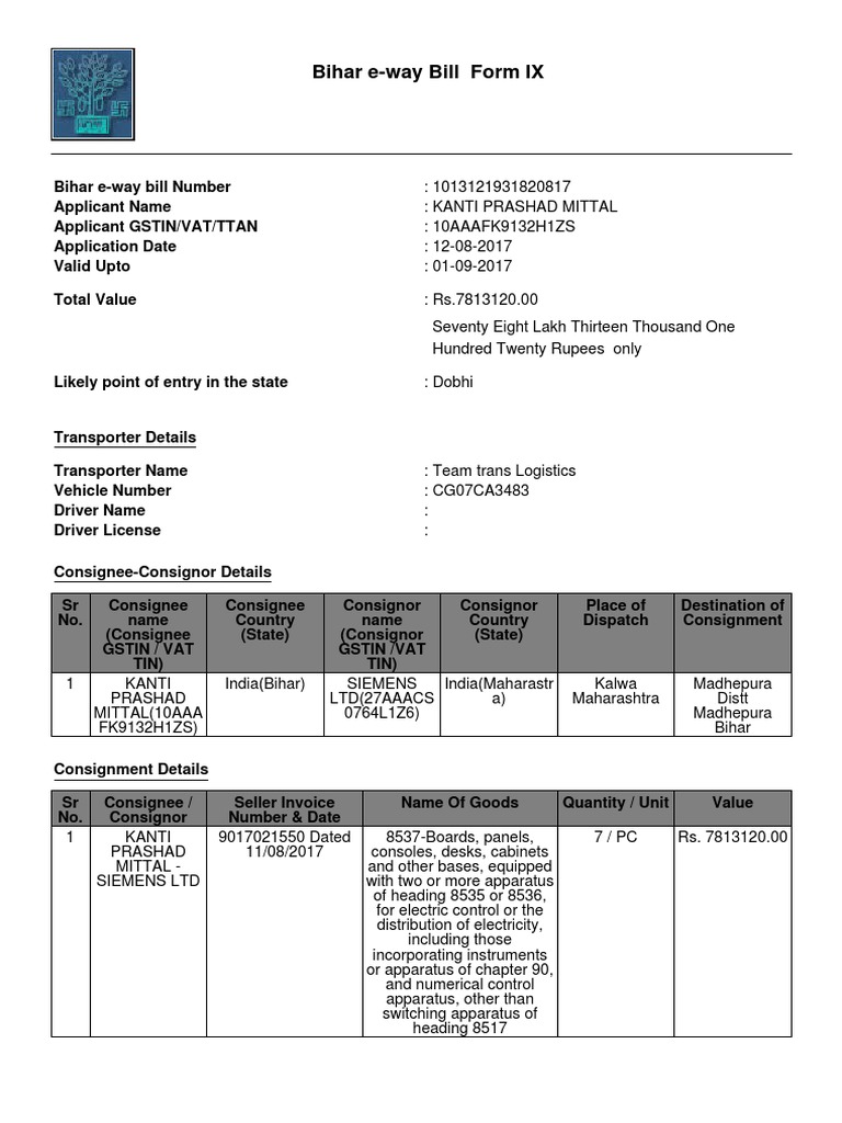 Bihar E-Way Bill Form IX Details | PDF | Trade