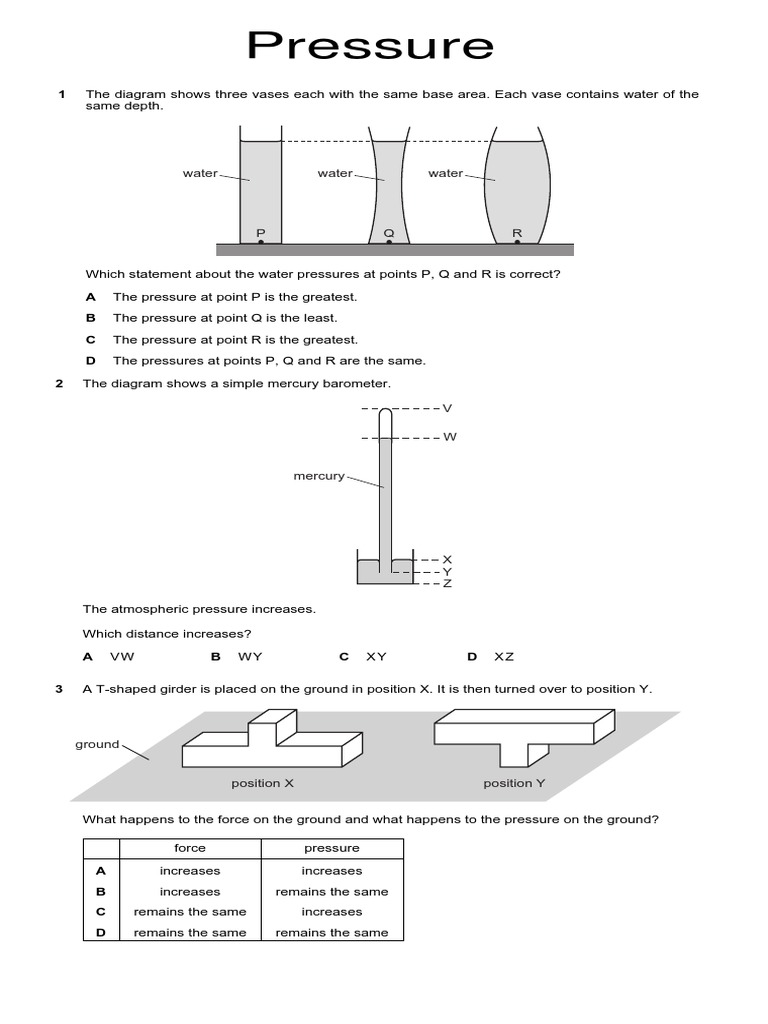 Pressure MCQ-1 | PDF | Pressure | Pascal (Unit)