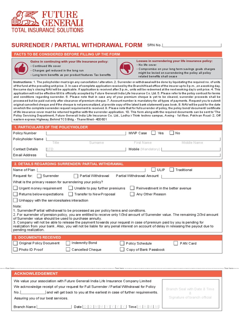 Surrender / Partial Withdrawal Form: Facts To Be Considered Before Filling Up The Form | PDF
