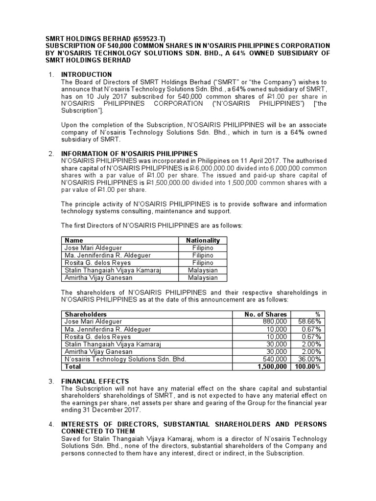 Smrt-Nosairis Philippines Corporation | PDF | Investing | Financial ...