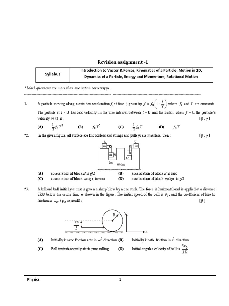 Revision Assignment (Adv Level) - 1 | PDF | Force | Acceleration