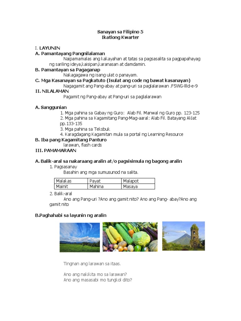 Lesson Plan in Filipino (Pang-Uri at Pang-Abay) | PDF