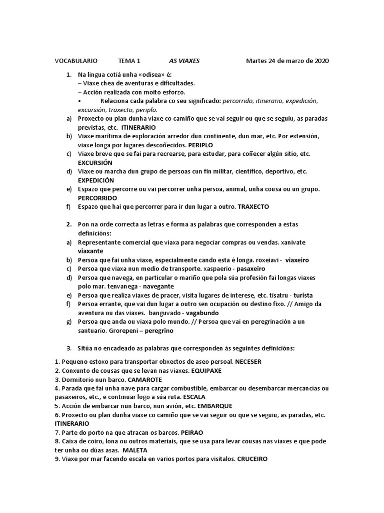 Solucionario Da Actividade de Vocabulario. Tema 1 | PDF