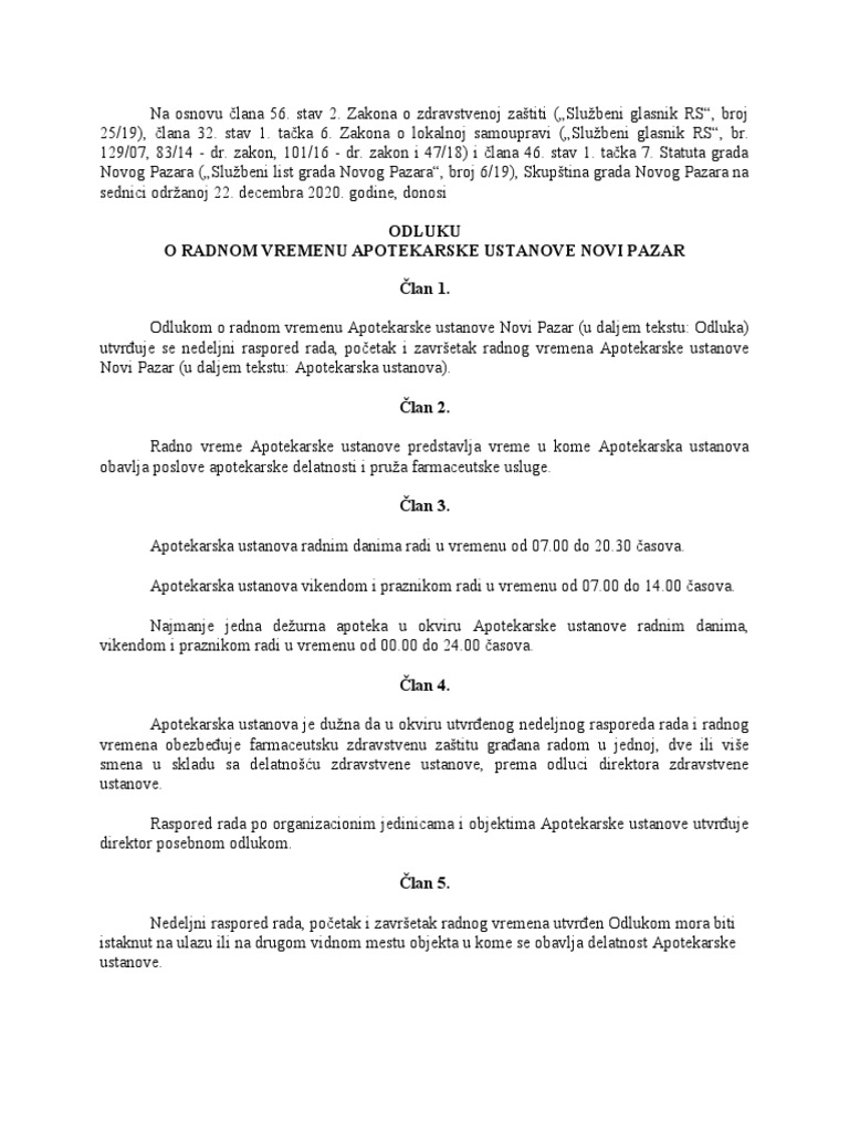 ODLUKA o Radnom Vremenu Apotekarske Ustanove | PDF