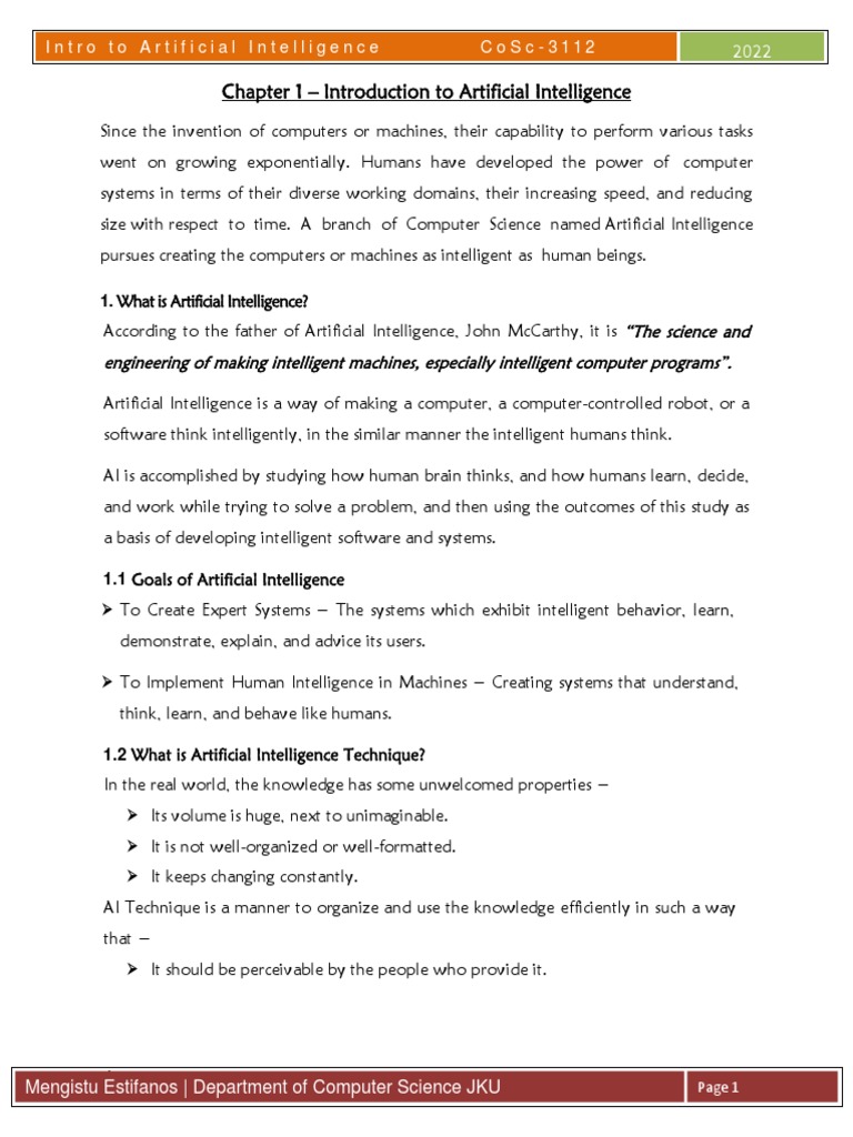 AI Handout For CS by Mengistu E Mod | PDF | Artificial Intelligence ...