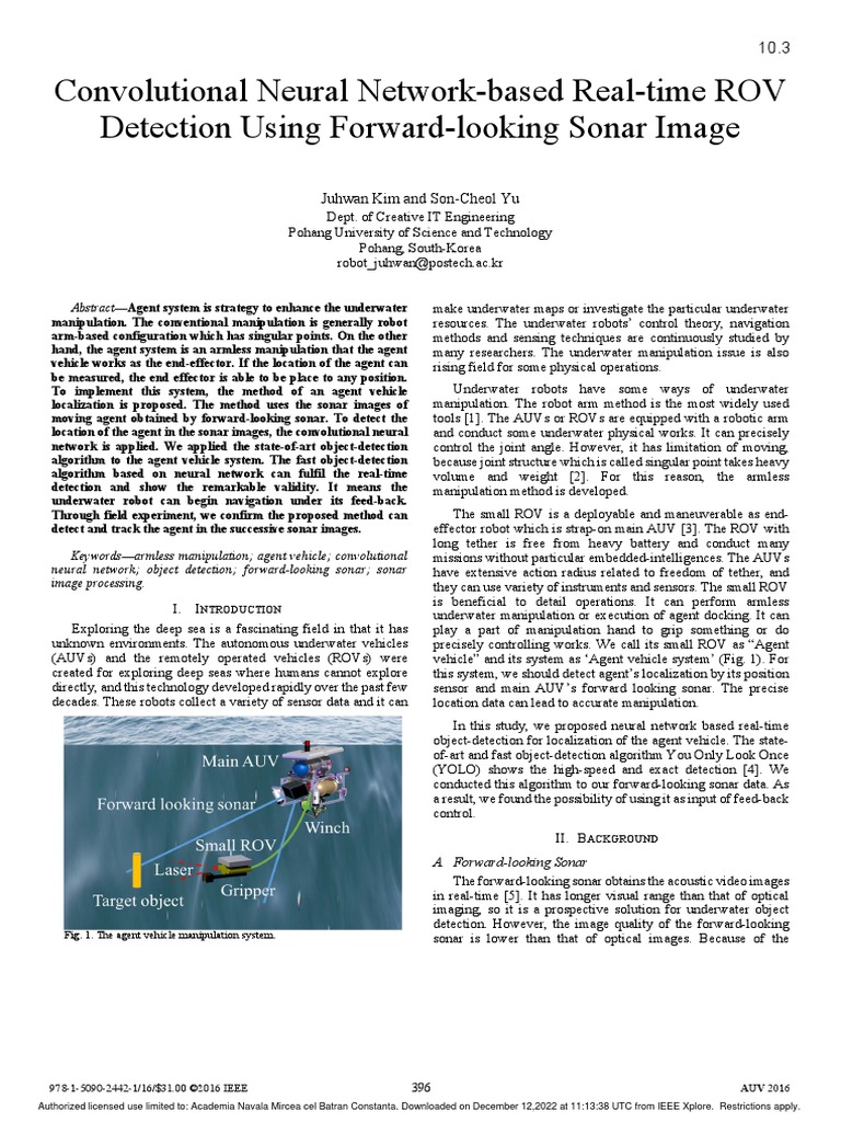 Convolutional Neural Network Based Real Time Rov Detection Using